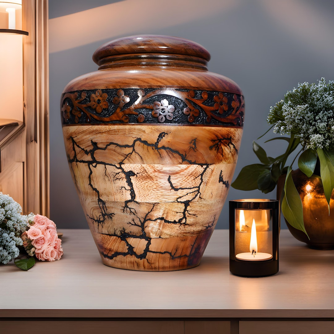Handmade Turned Wood Carved Flora Urn With Lichtenberg,urn for Human ...