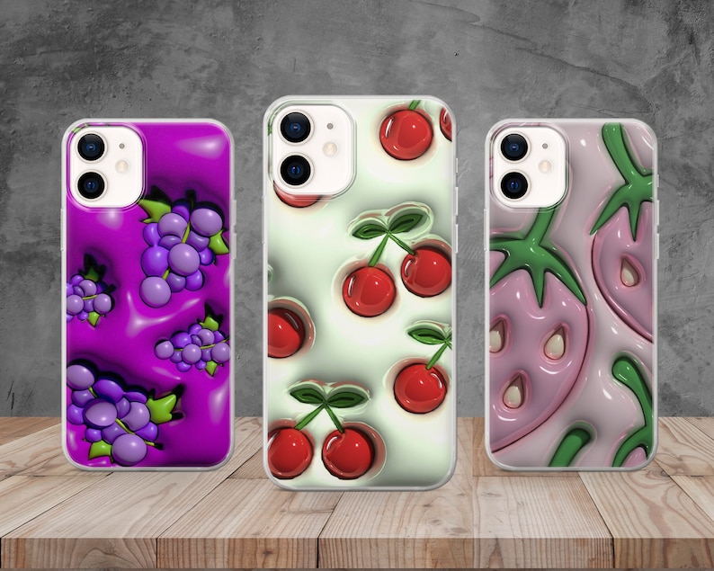 3D Fruit Phone Case Strawberry, Cherry, Grapes Cover for iPhone 15, 14 ...