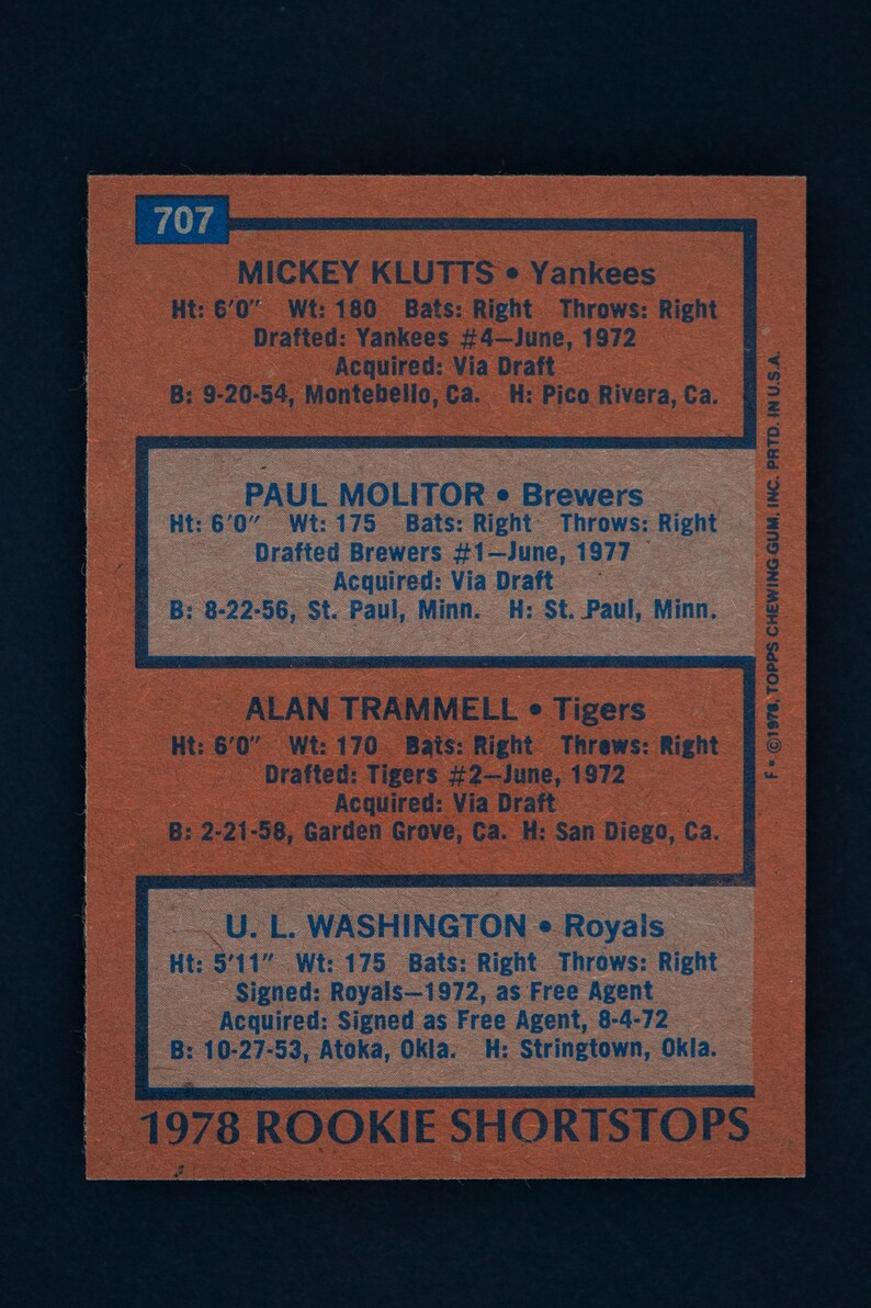 Paul Molitor, Alan Trammell 1978 Topps #707 Rookie Shortstops - Etsy