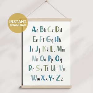 Green Blue Alphabet Print, Printable ABC Poster, Educational Wall Art ...
