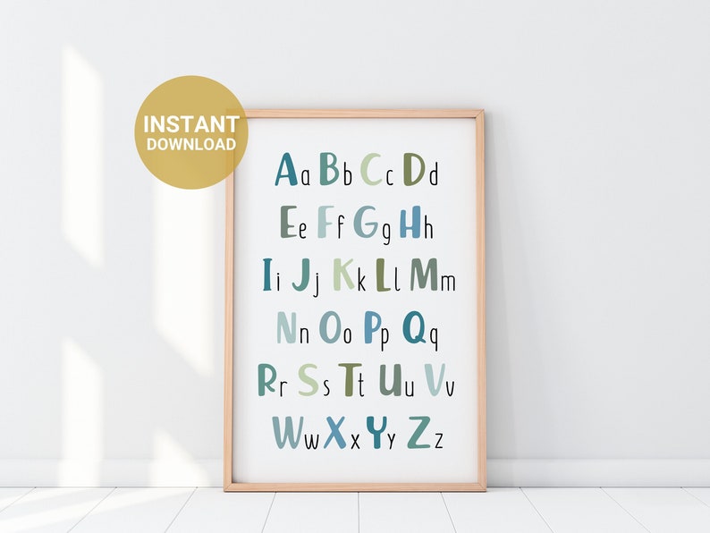 Green Blue Alphabet Print, Printable ABC Poster, Educational Wall Art ...