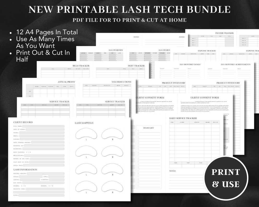 2024 12 PG Lash Tech PRINTABLE Bundle GREY, Client Consent, Client Record, Service Tracker, Lash ...