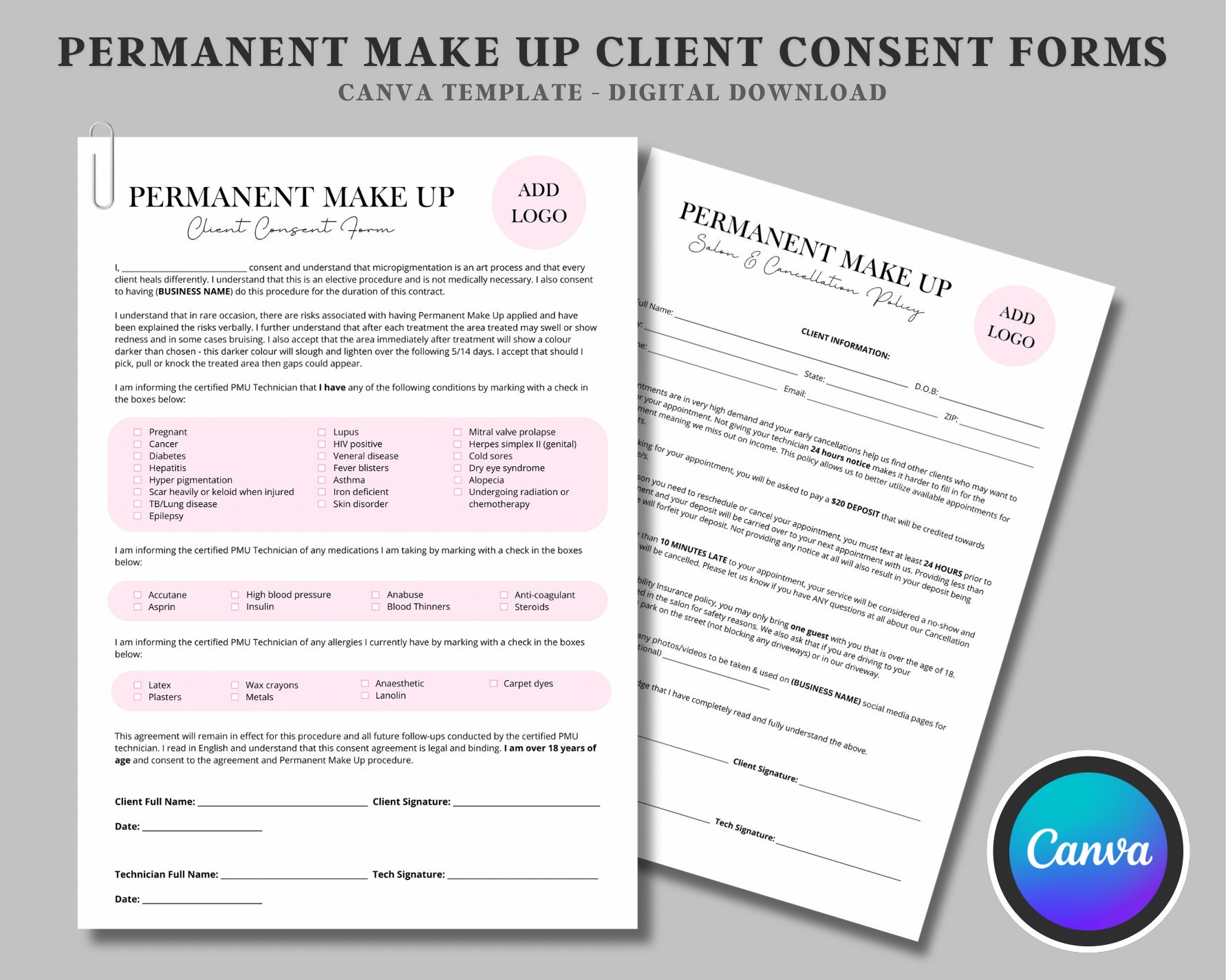 Permanent Make up Client Consent Forms, Client Consultation Forms ...