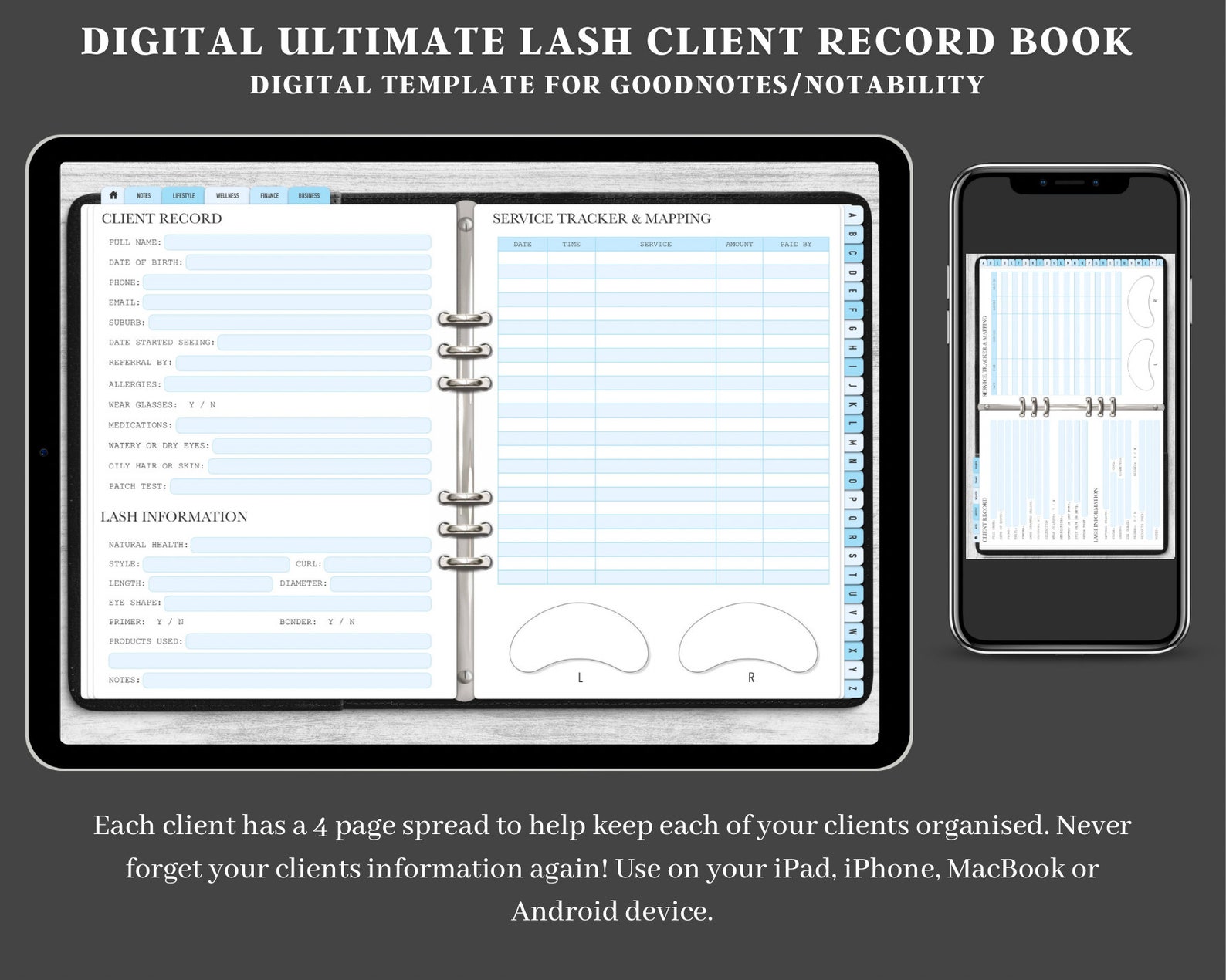 2024 DIGITAL BLUE Ultimate Lash Client Record Book Template, Lash Mappings, Service Tracker ...