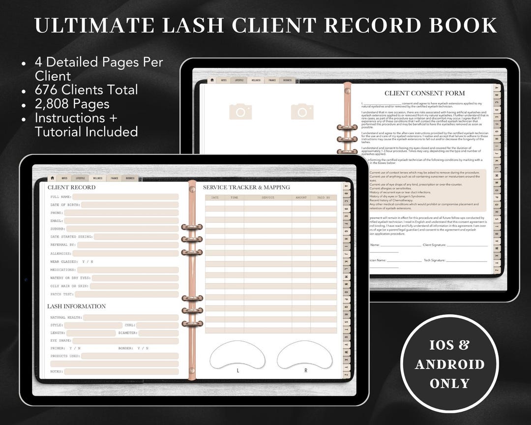 DIGITAL BEIGE Ultimate Lash Client Record Book Template, Lash Mappings, Service Tracker, Lash ...