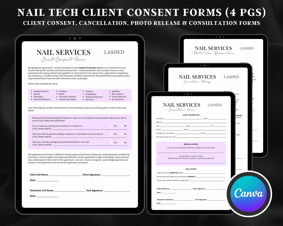 4 PGS PURPLE Nail Tech Client Consent Forms, Client Consultation Forms ...