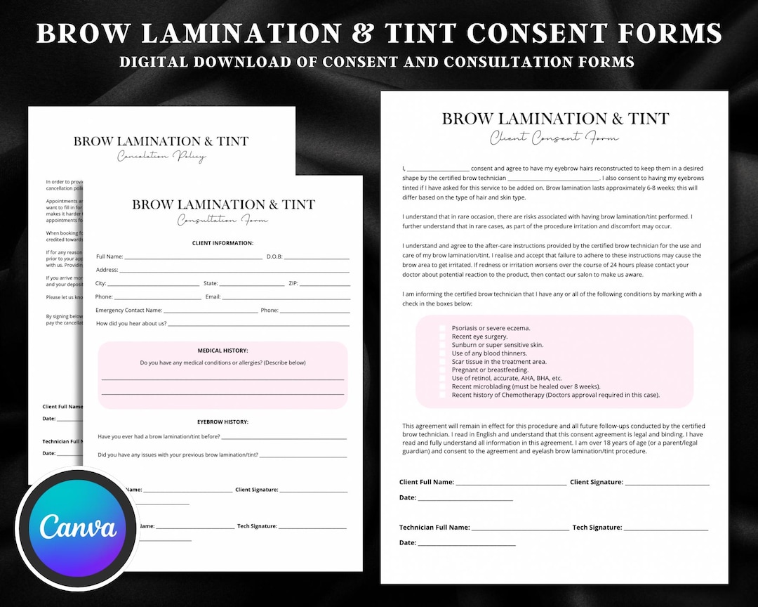 Brow Lamination & Tint Consent Forms, Client Consultation Forms, Beauty ...