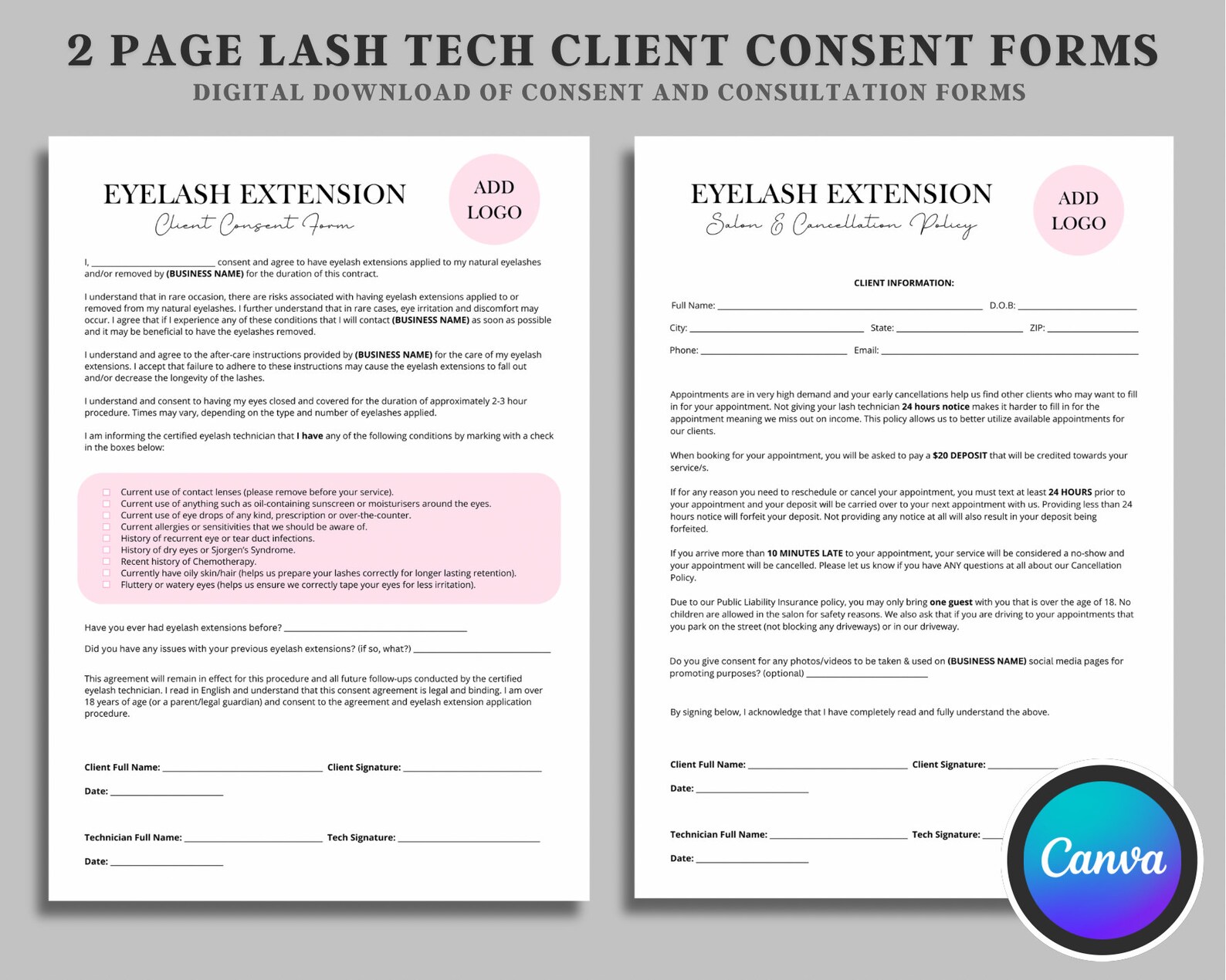 2 Page Lash Tech Client Consent Forms Client Consultation - Etsy