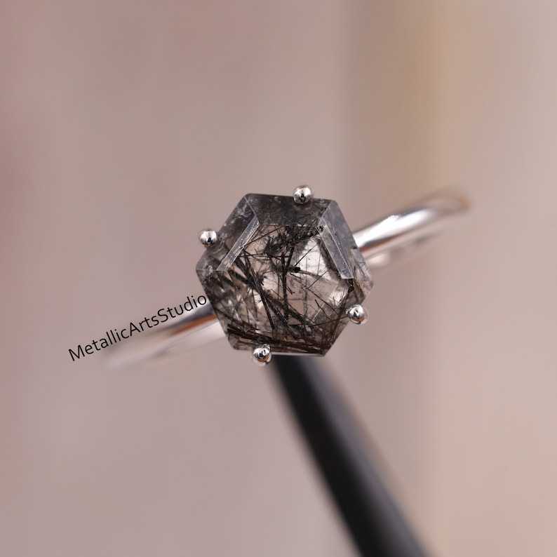 Natural Black Rutilated Quartz Ring-hexagon Shaped Ring-14k - Etsy