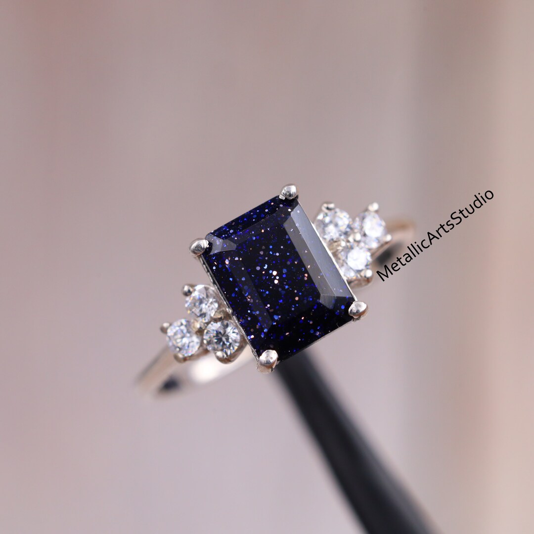 Natural Blue Sandstone Emerald Cut Ring, Dainty Gold Ring, Engagement ...