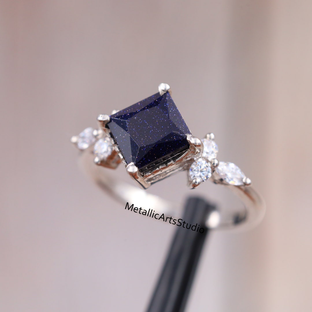 Princess Cut Blue Sandstone Ring, Blue Goldstone Ring, Nebula Ring ...