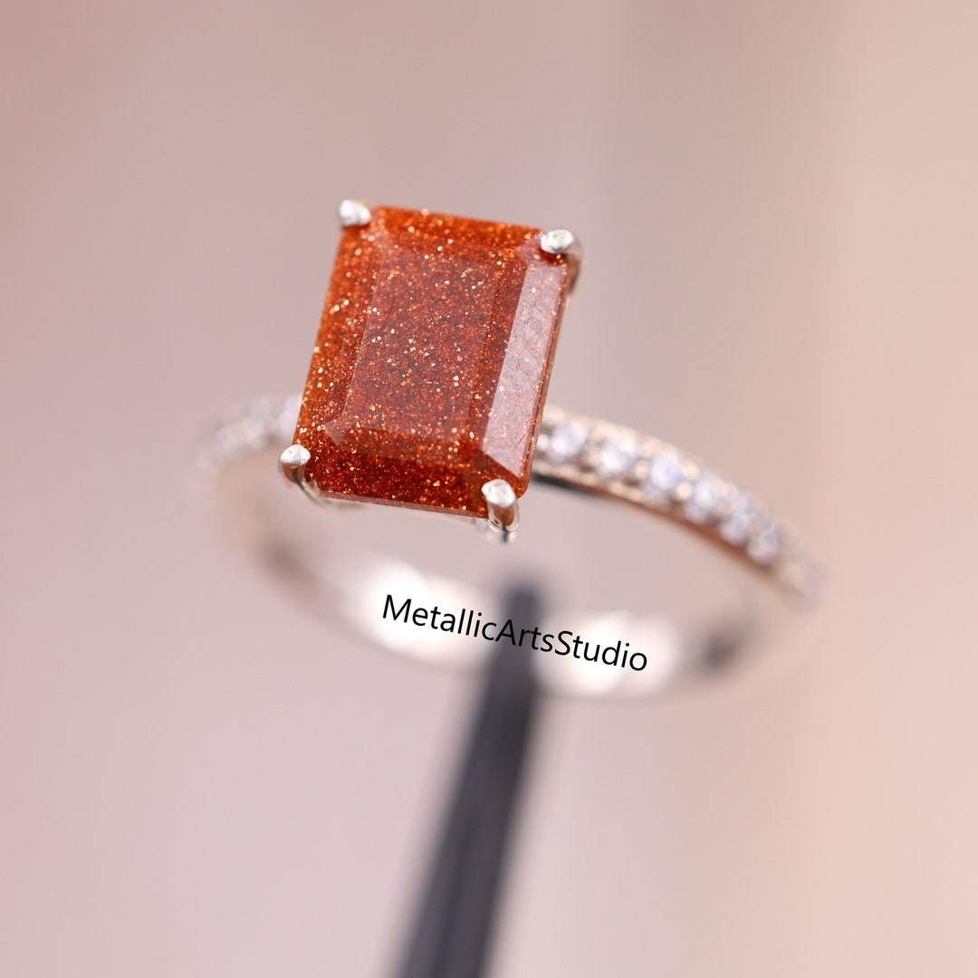 Buy Natural Golden Sandstone Emerald Cut Ring 14K Gold Sterling Silver ...