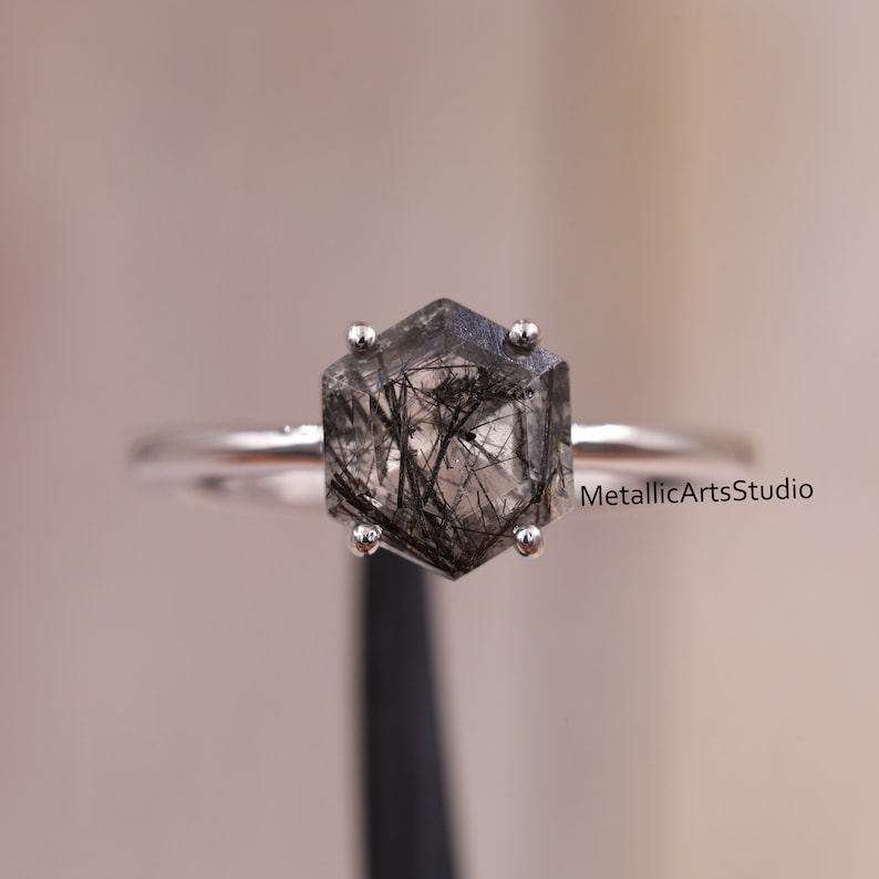 Natural Black Rutilated Quartz Ring-hexagon Shaped Ring-14k - Etsy