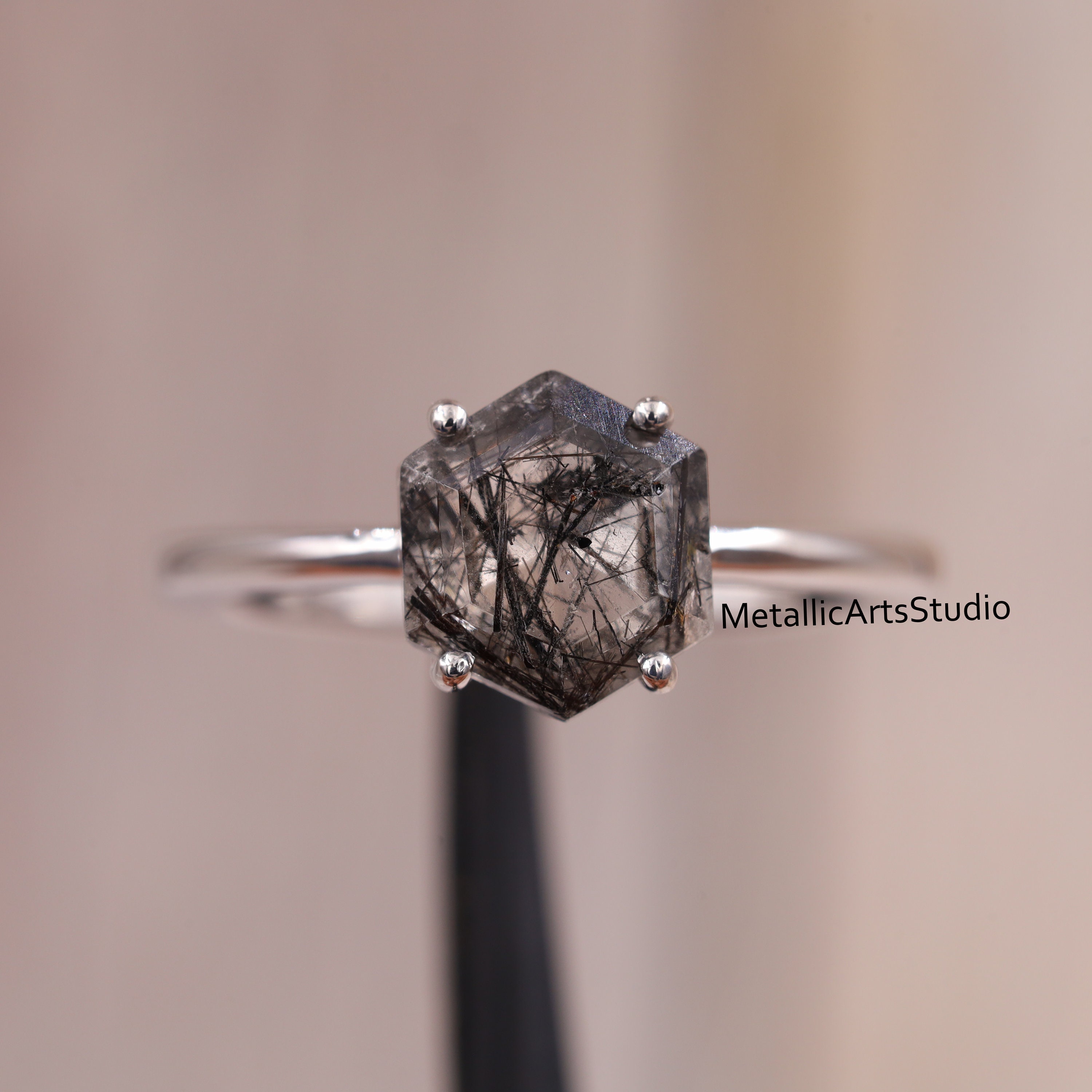 Natural Black Rutilated Quartz Ring-hexagon Shaped Ring-14k - Etsy