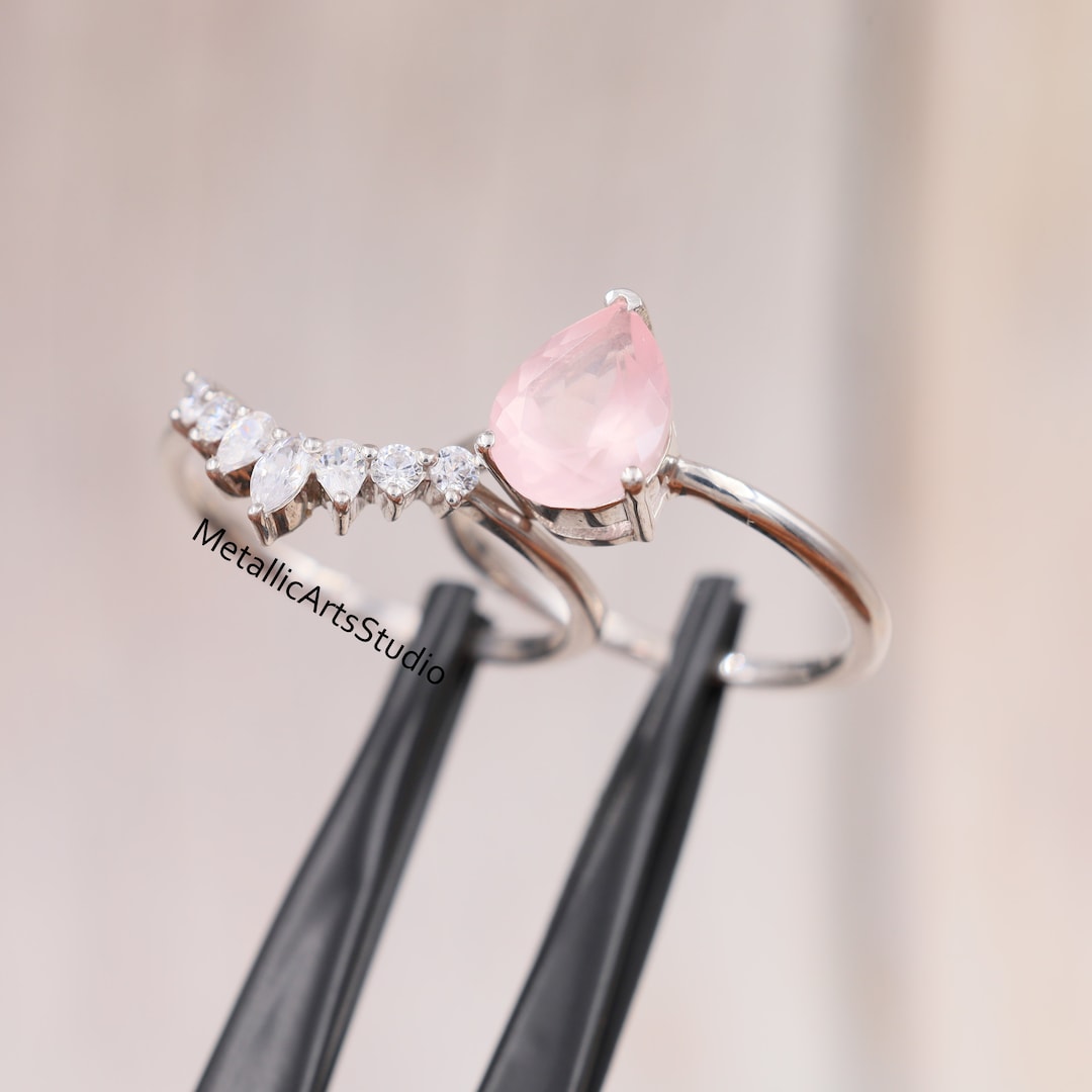 Tear Drop Rose Quartz Engagement Ring Set, Minimalist Bridal Ring Set ...