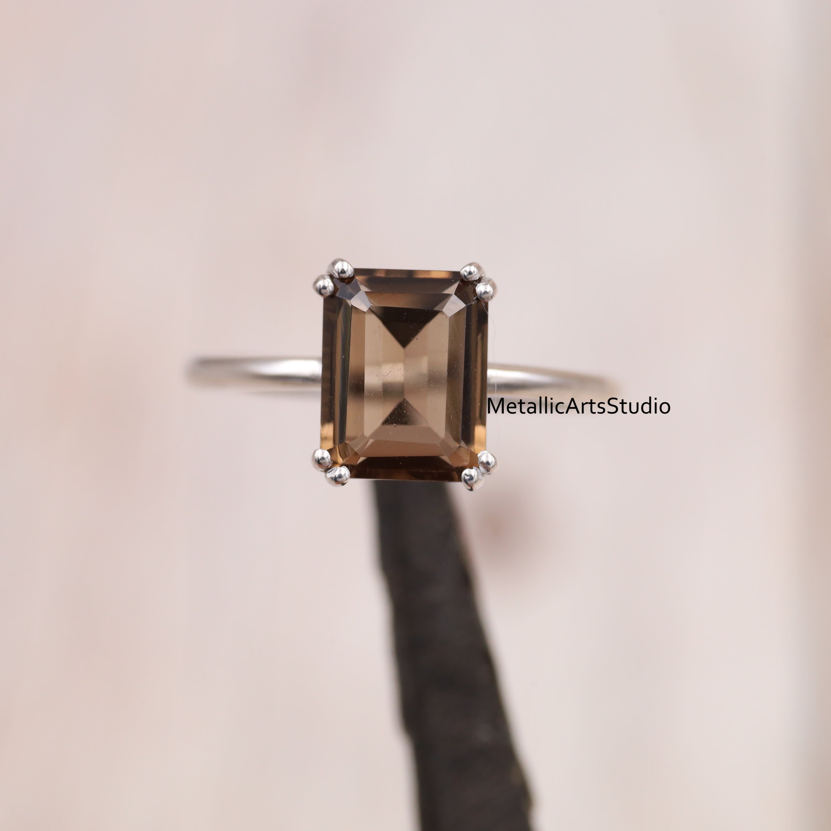 Emerald Cut Smokey Quartz Ring Minimalist Wedding & - Etsy