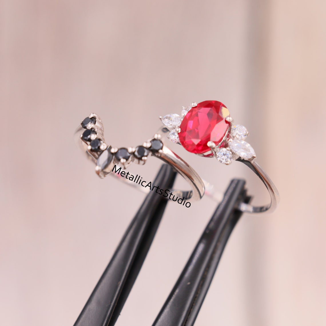 Vintage Ruby Bridal Set, Oval Ruby Engagement Ring Set, 14K White Gold ...