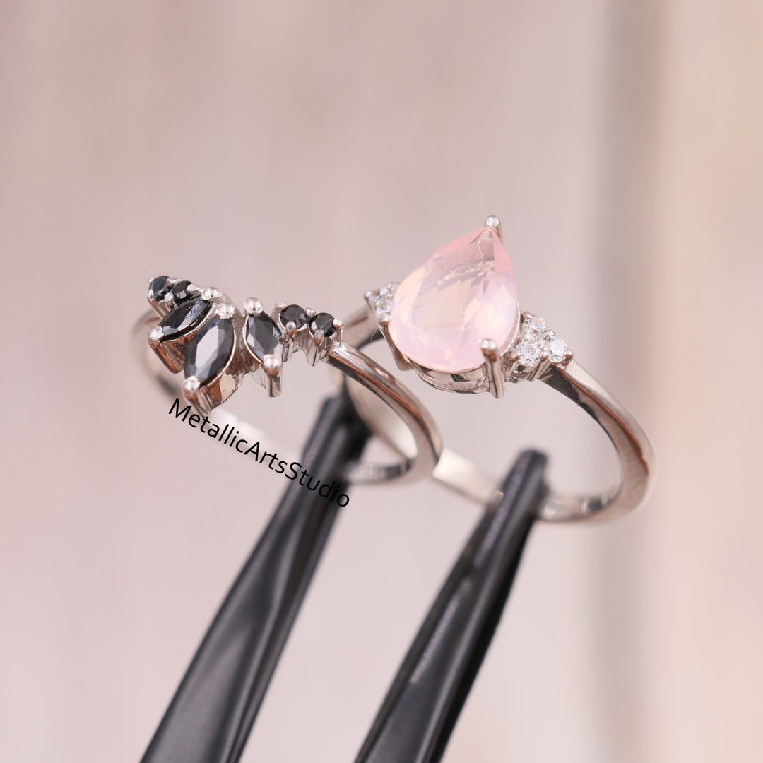 Tear Drop Rose Quartz and Black Diamond Engagement Ring Set, Alternate ...