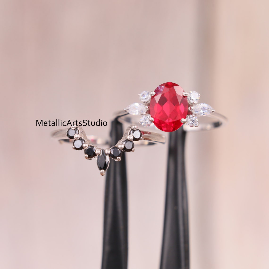 Vintage Ruby Bridal Set, Oval Ruby Engagement Ring Set, 14K White Gold ...
