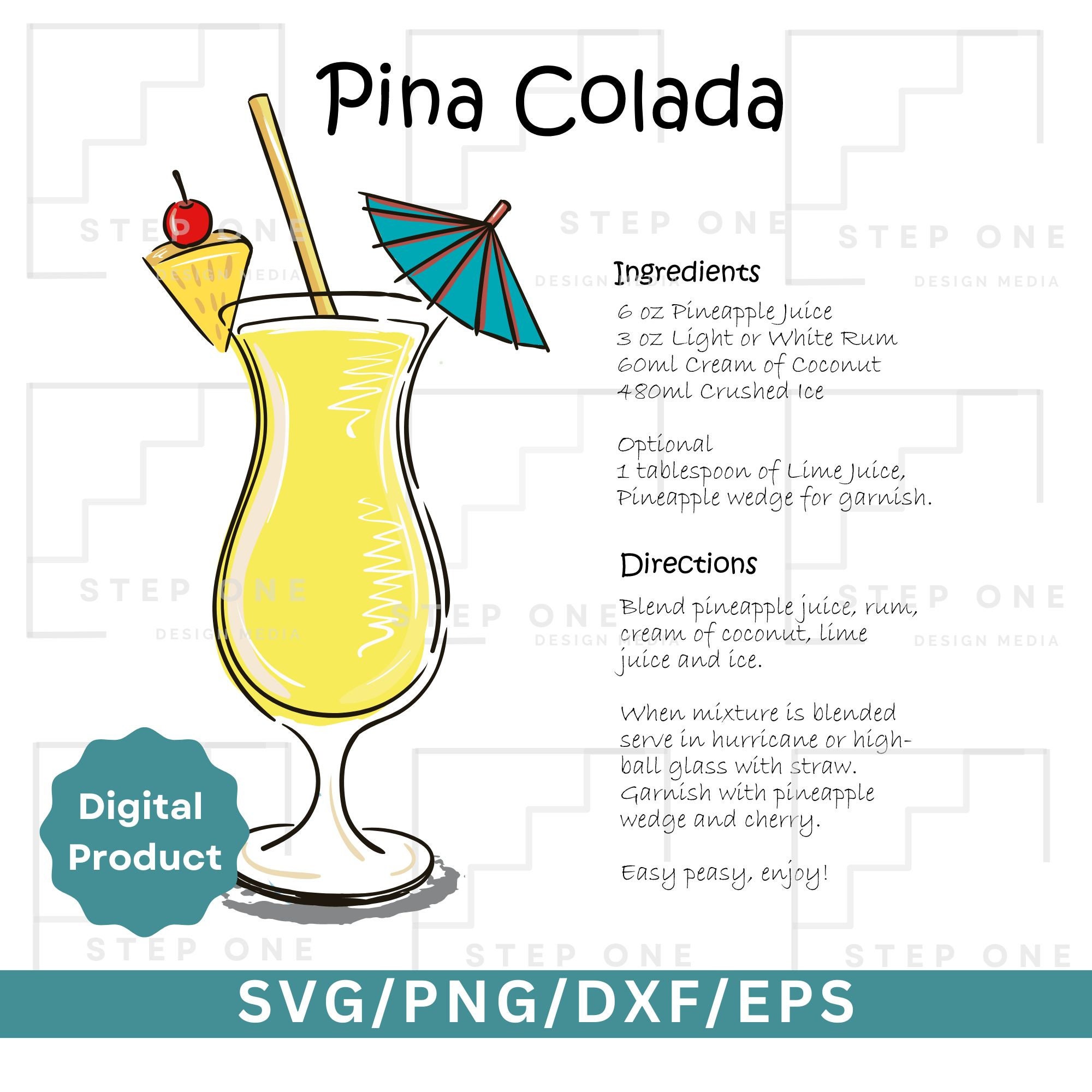 Pina Colada Cocktail Recipe Svg, Cocktail Svg, Cocktail Recipe Svg ...