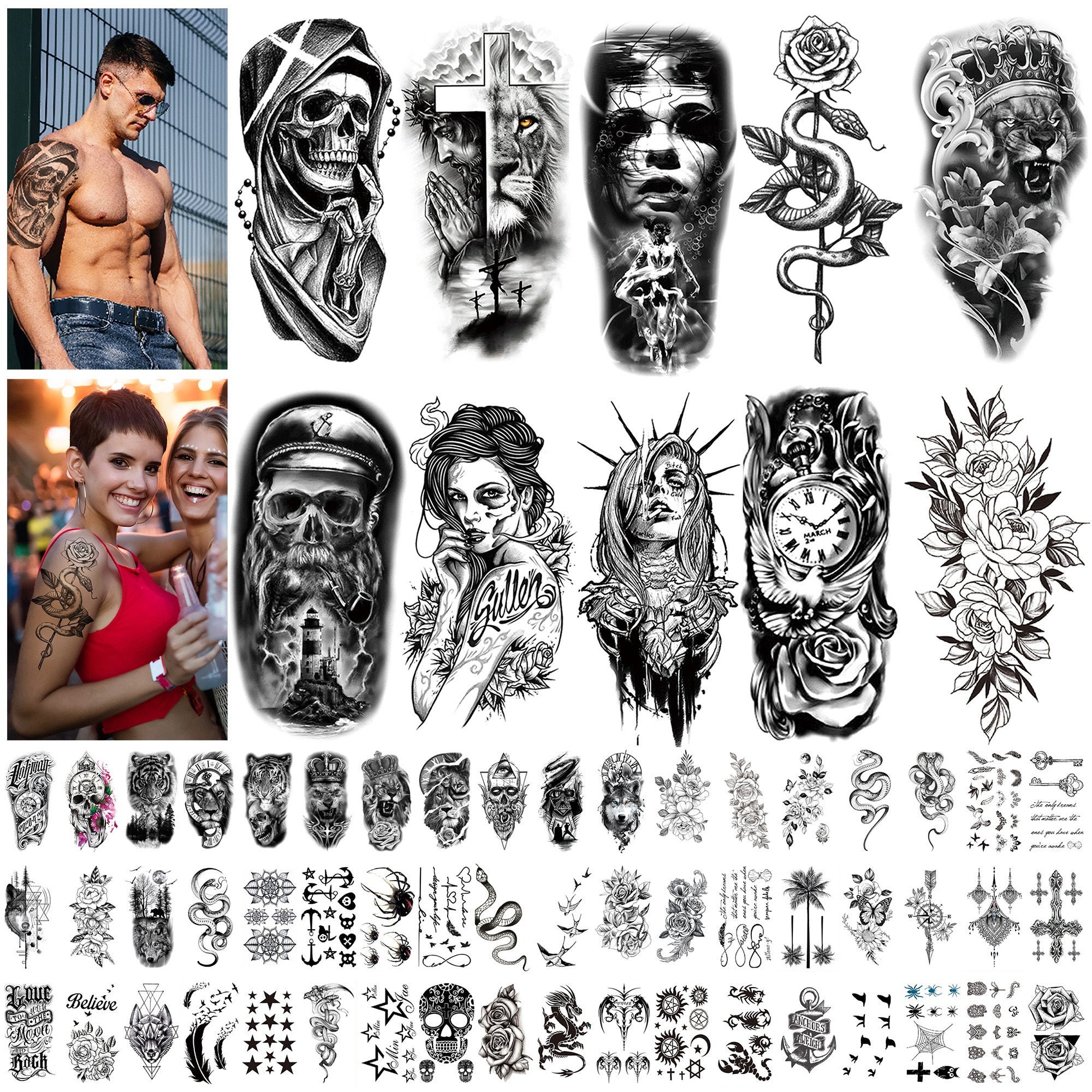 64 Sheets Temporary Tattoos Transfers for Guys Men Boys Teens Unisex ...