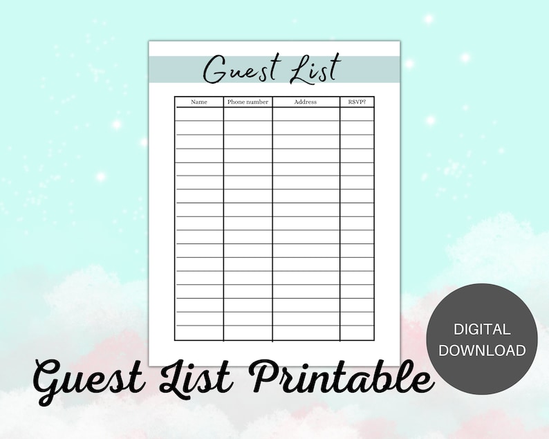Wedding Guest List Printable, Baby Shower Guest List, Party Guest List ...