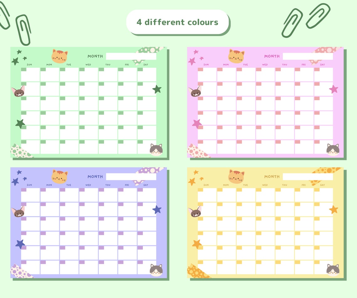 Blank Monthly Calendar | Cute Cat Calendar| Cute Stationery | Instant ...