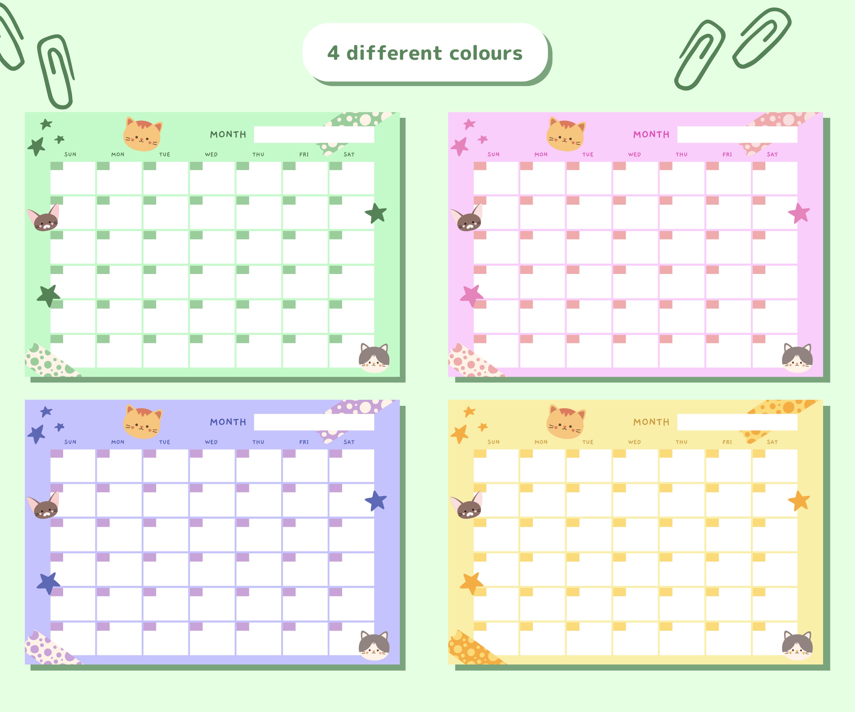Blank Monthly Calendar | Cute Cat Calendar| Cute Stationery | Instant ...