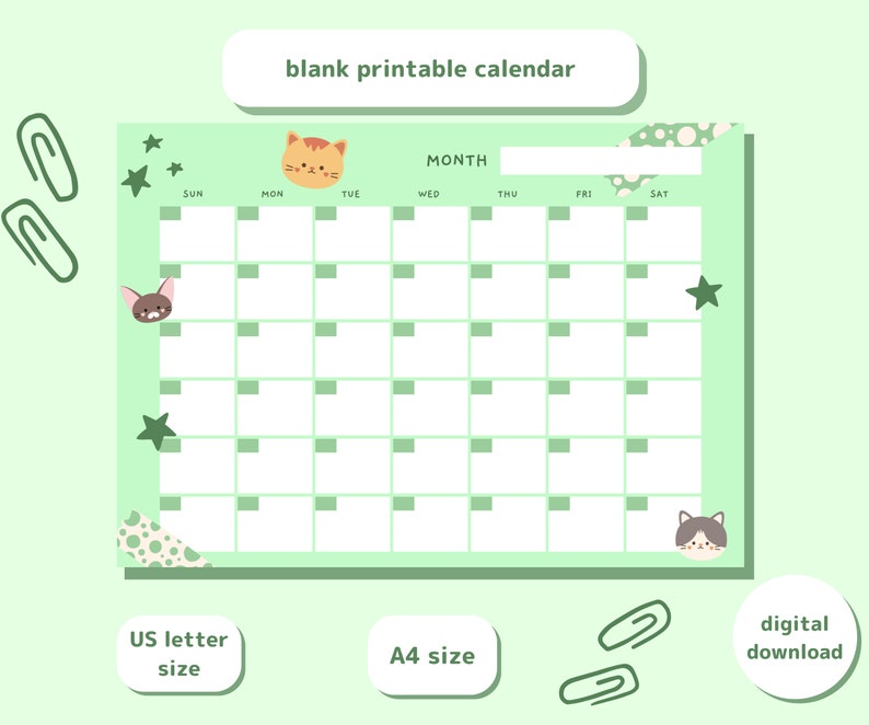 Blank Monthly Calendar | Cute Cat Calendar| Cute Stationery | Instant ...
