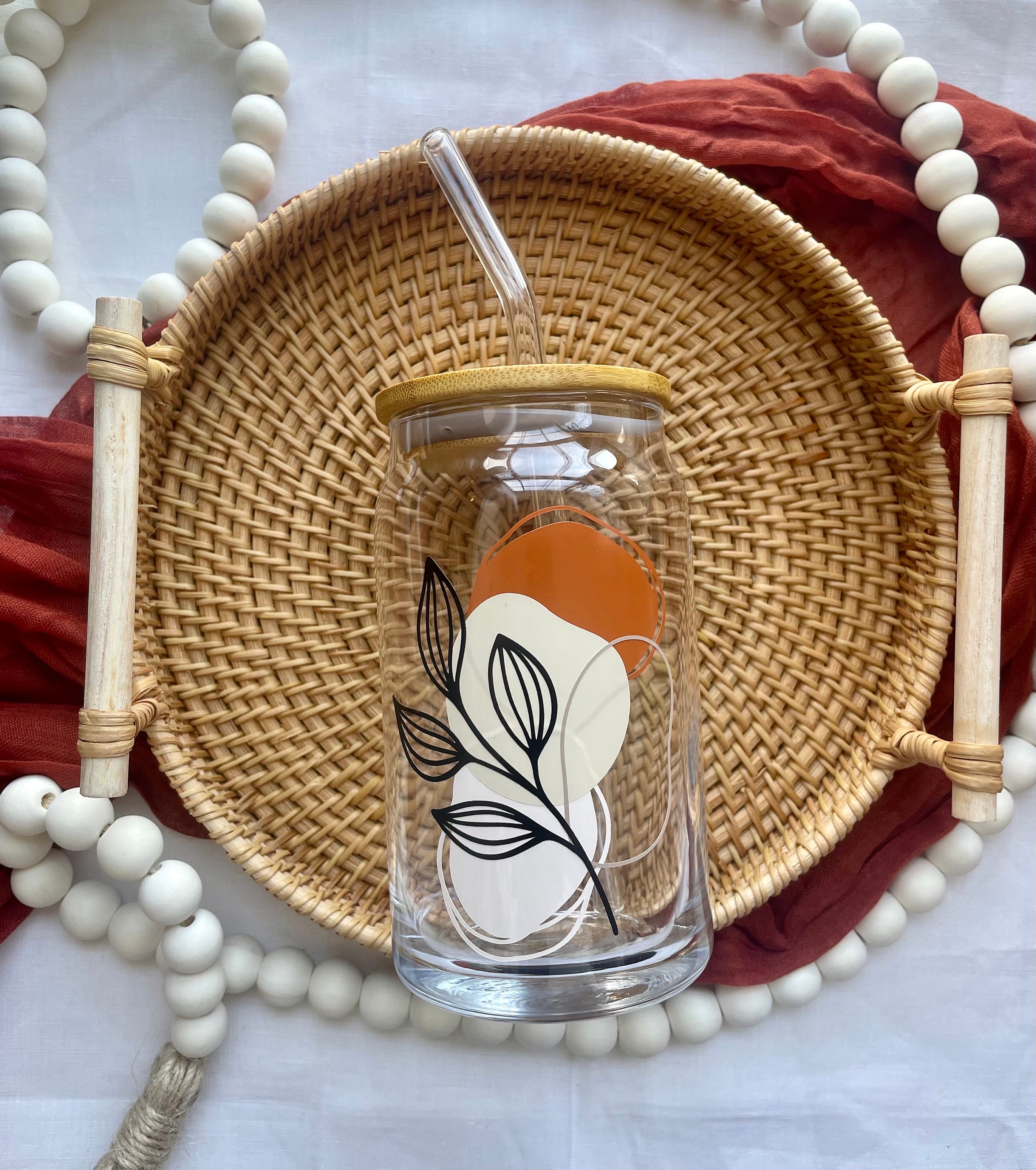 Boho Abstract Glass Can Cup Retro Boho Glass Can Cup Cup With Lid and ...
