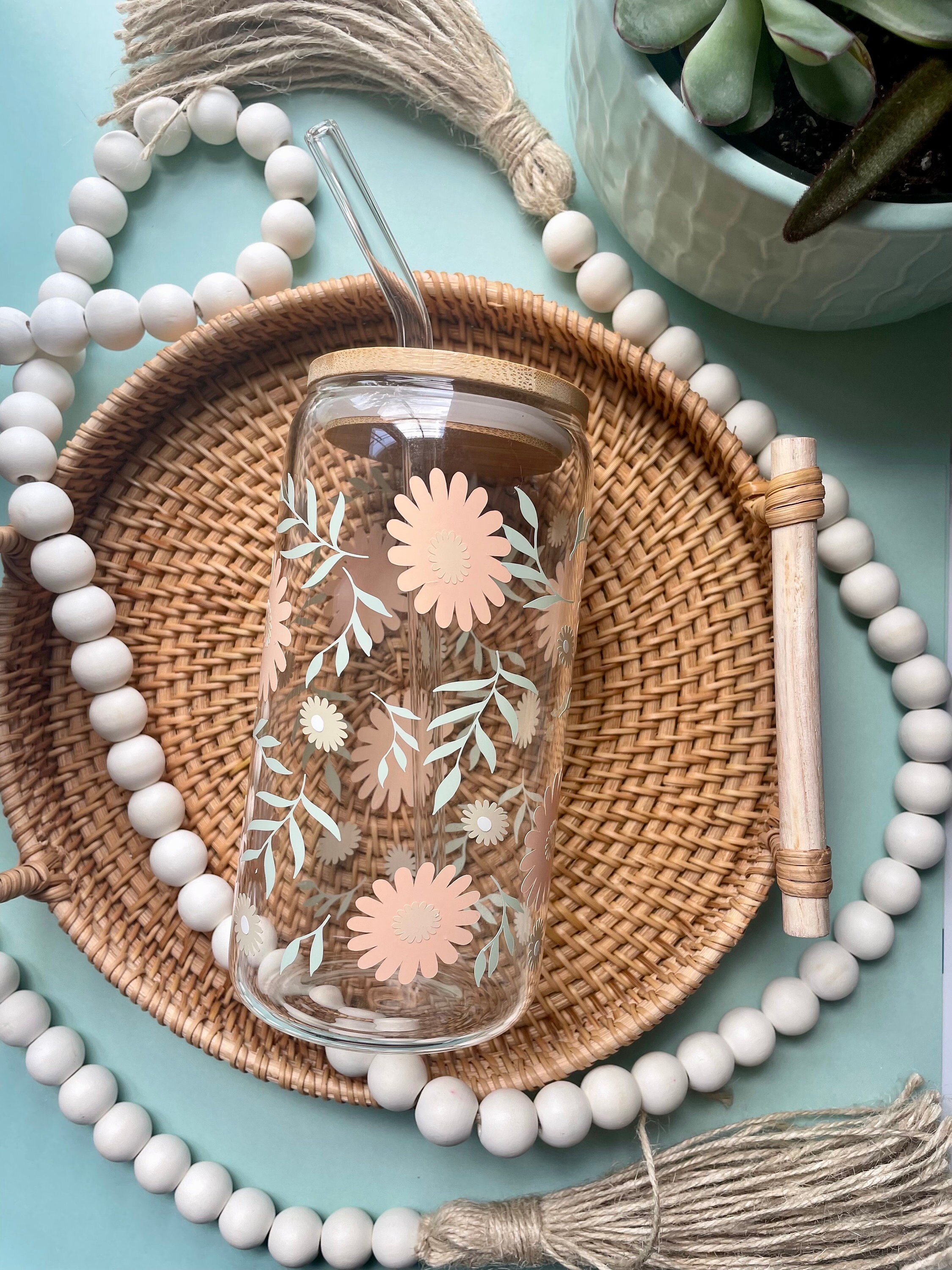 Wildflowers Glass Cup Floral Glass Can Pastel Flower Cute Glass Cup ...