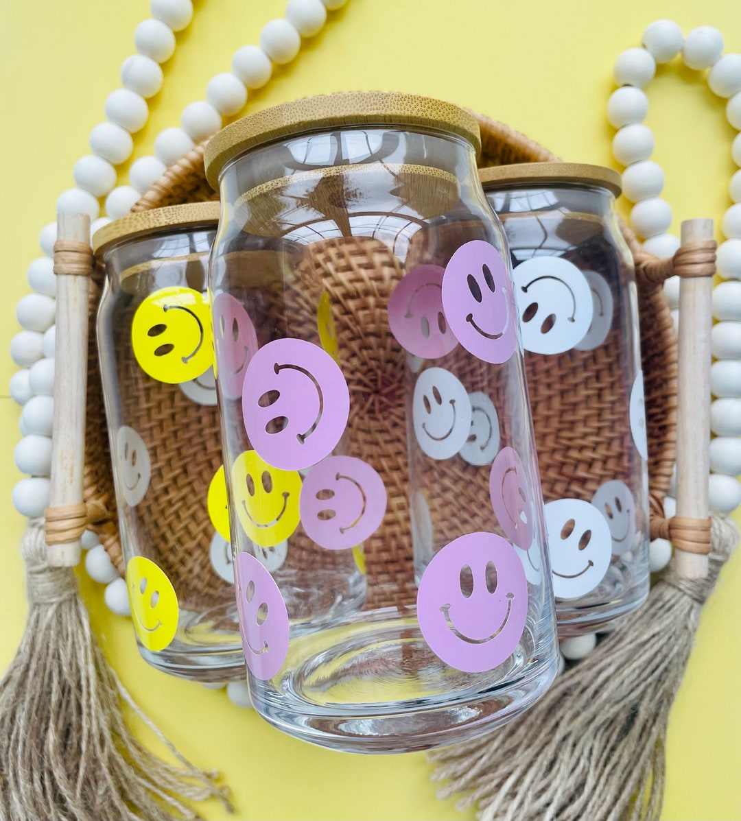 Smiley Face Glass Can Cup Glass Can Cup Cup With Lid and Straw Cute ...