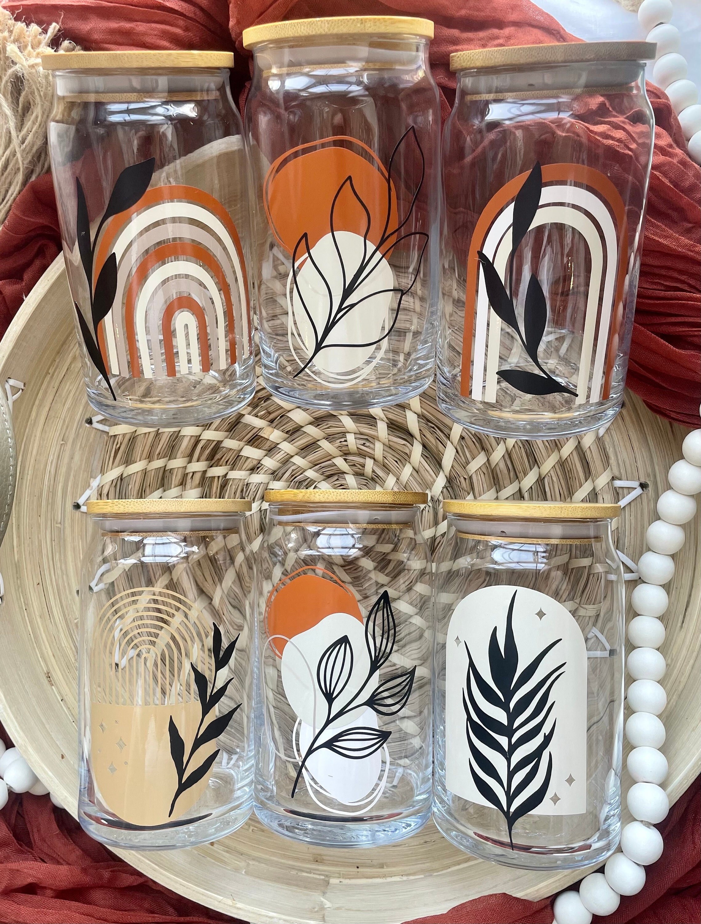Boho Abstract Glass Can Cup Retro Boho Glass Can Cup Cup With Lid and ...