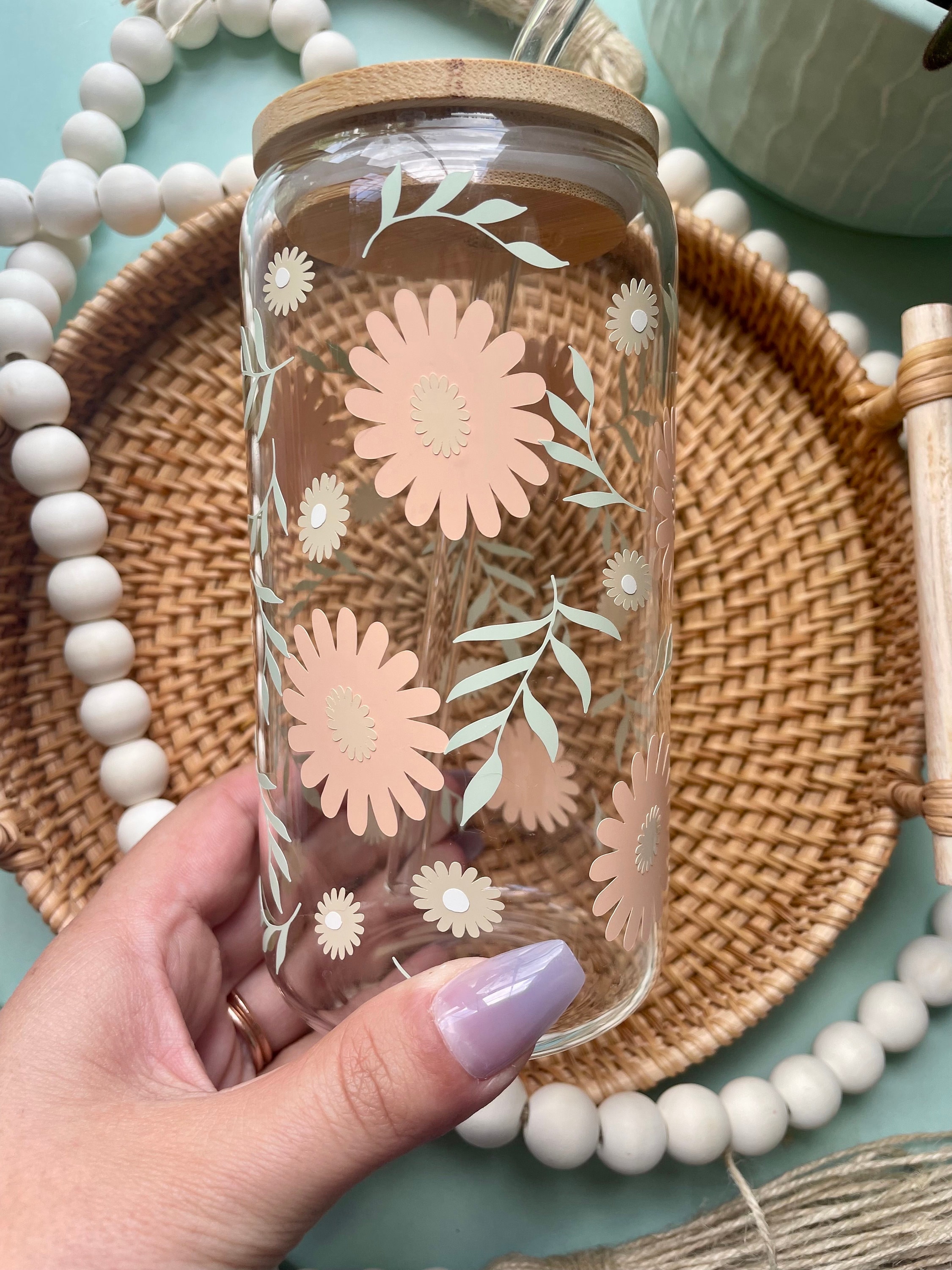 Wildflowers Glass Cup Floral Glass Can Pastel Flower Cute Glass Cup ...