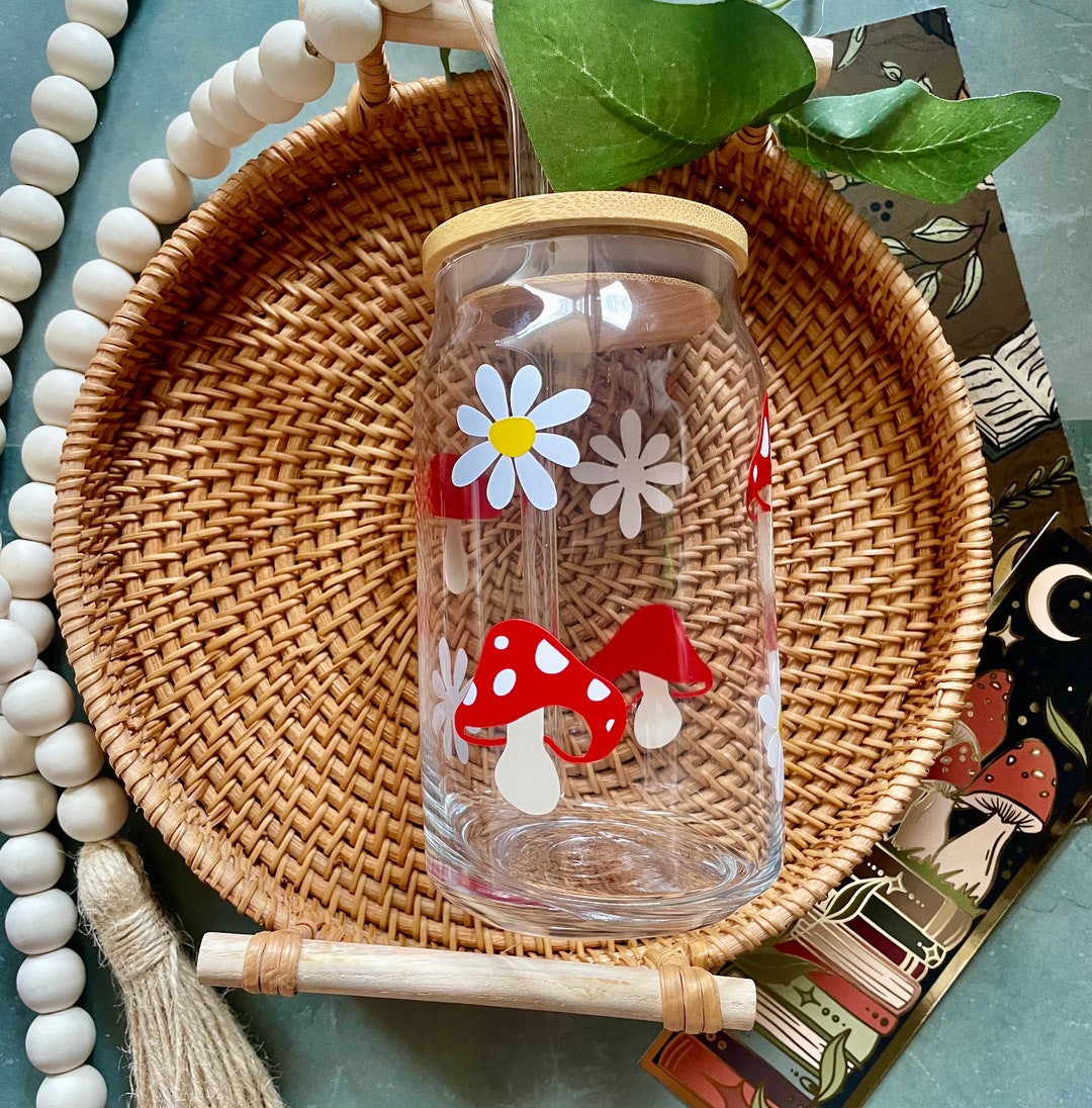 Mushroom Daisy Glass Can Cottage Core Cups Wild Boho Gift Cup With Lid ...