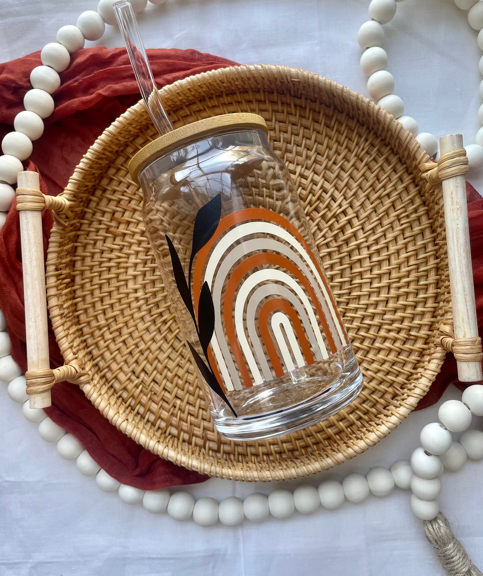 Boho Abstract Glass Can Cup Retro Boho Glass Can Cup Cup With Lid and ...