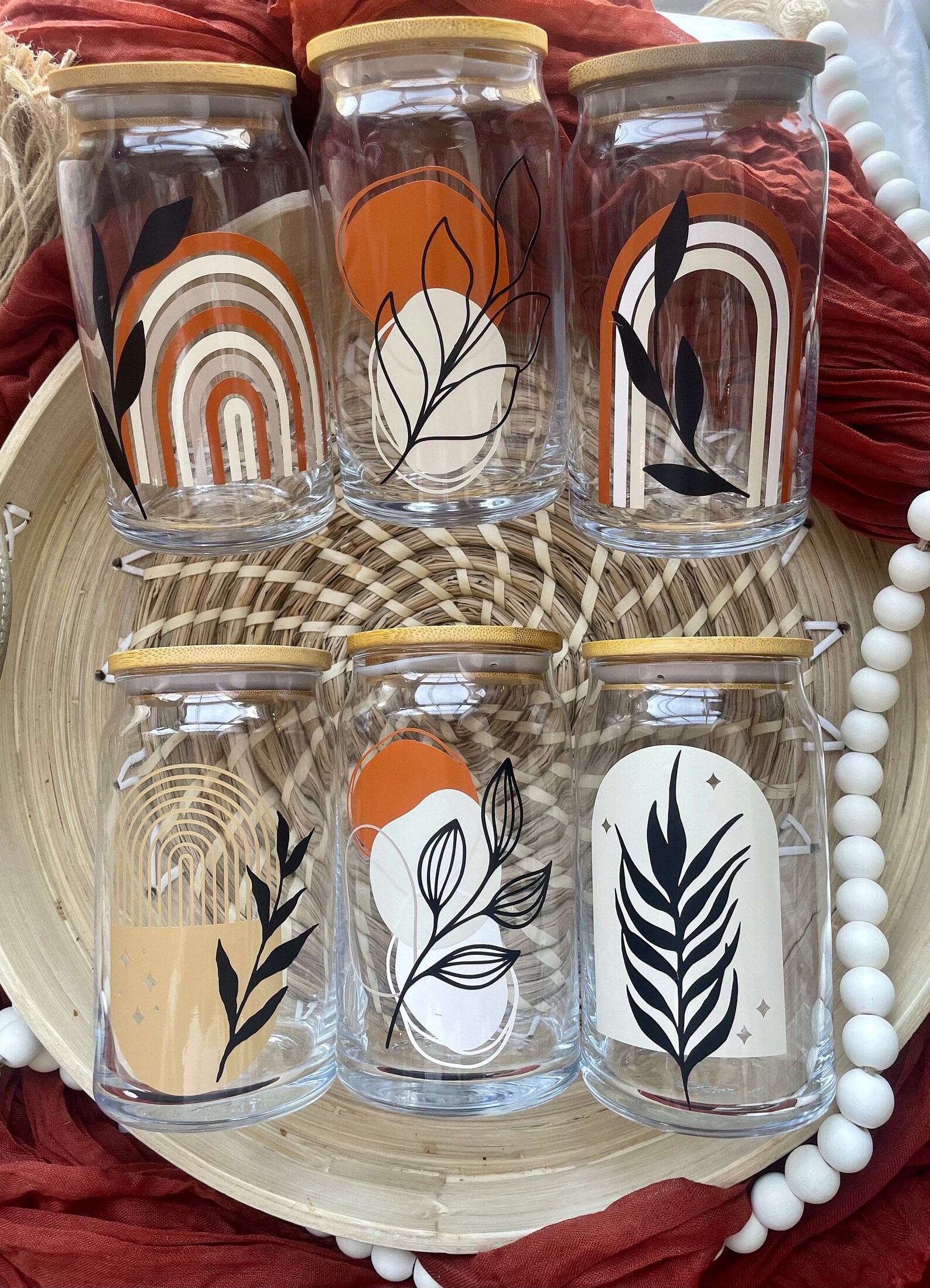 Boho Abstract Glass Can Cup Retro Boho Glass Can Cup Cup With Lid and ...