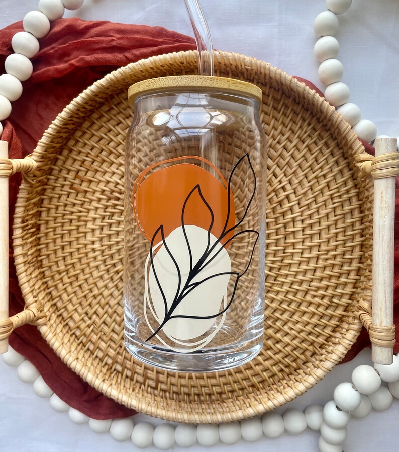 Boho Abstract Glass Can Cup Retro Boho Glass Can Cup Cup With Lid and ...