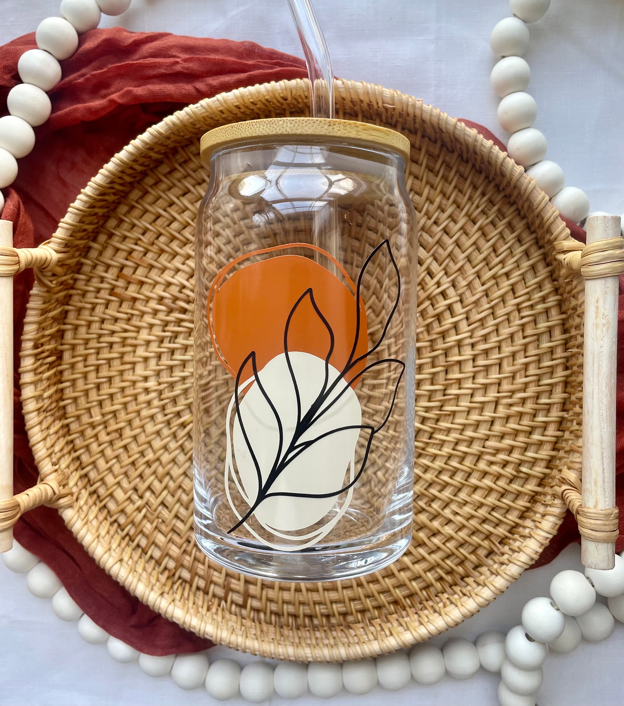 Boho Abstract Glass Can Cup Retro Boho Glass Can Cup Cup With Lid and ...