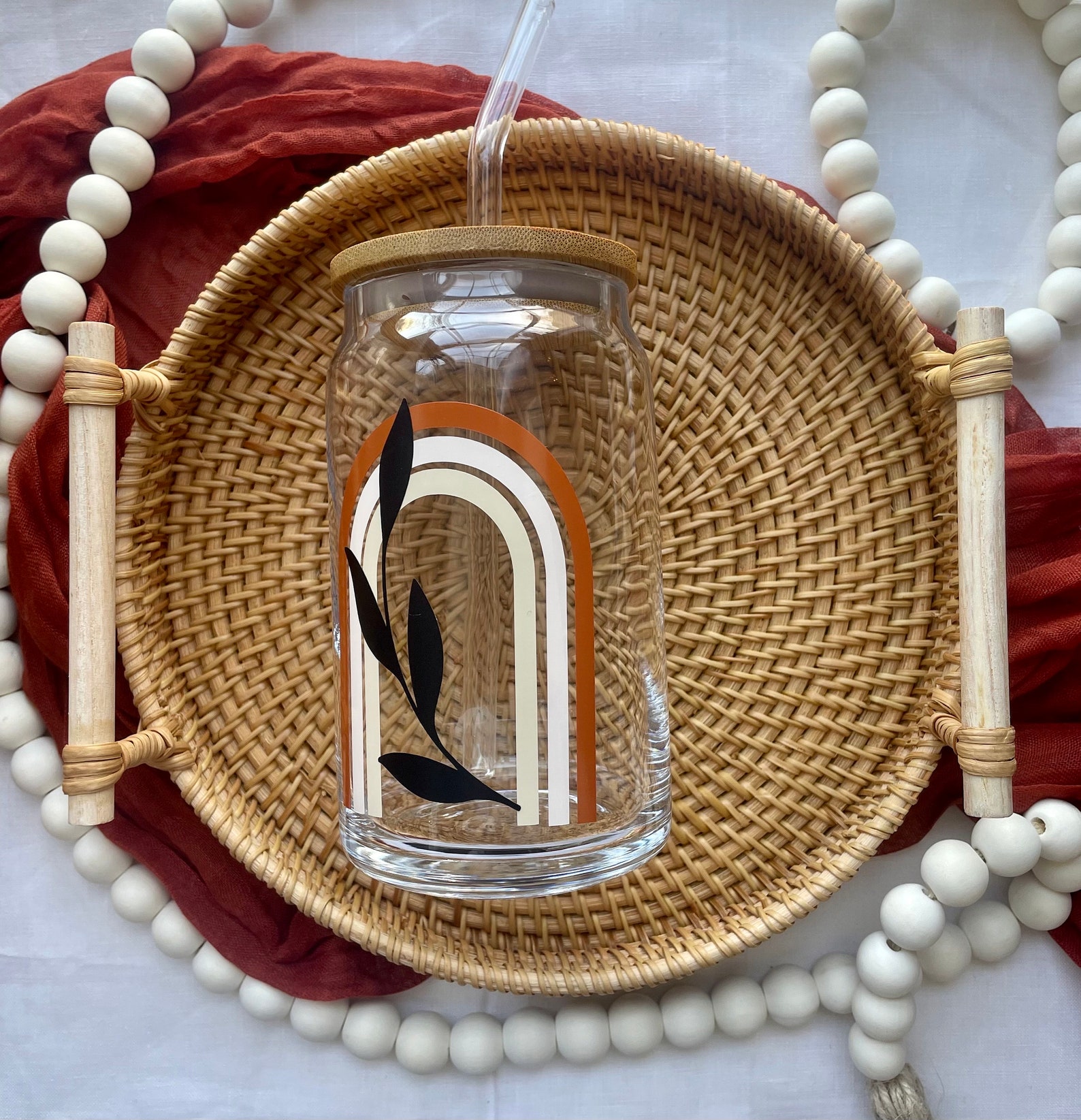 Boho Abstract Glass Can Cup Retro Boho Glass Can Cup Cup With Lid and ...