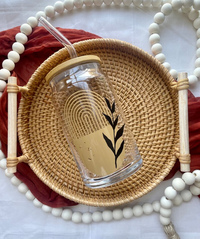 Boho Abstract Glass Can Cup Retro Boho Glass Can Cup Cup With Lid and ...