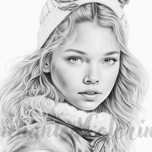 Winter Girl Realistic Portrait Coloring Page Printable Adult Coloring ...