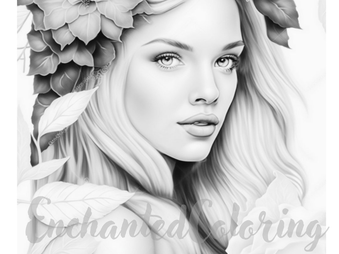 Big Flower Girl Coloring Page Printable Adult Coloring Etsy