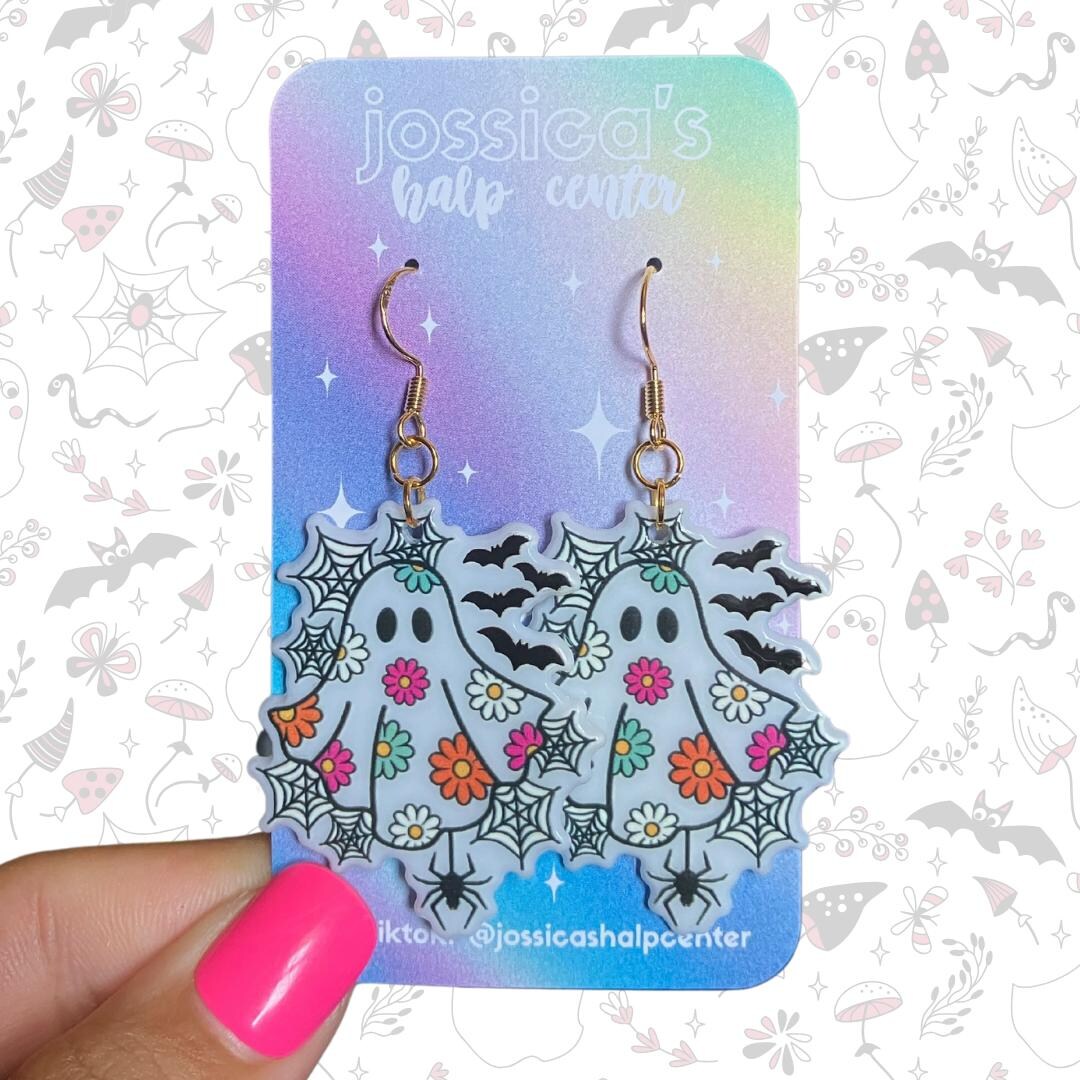 Summerween Ghosts With Flowers,spider Webs, and Bats Dangle Earrings - Etsy
