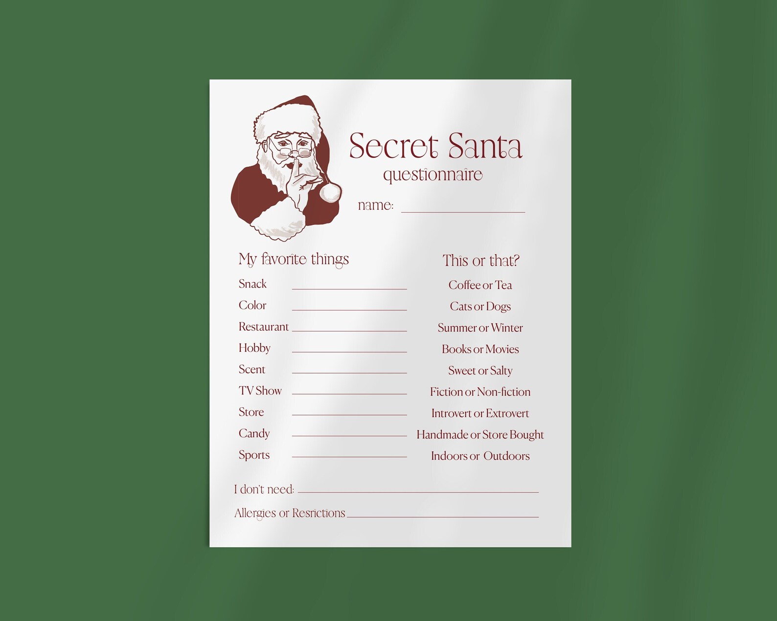 Printable Secret Santa Questionnaire, Holiday Gift Exchange (PDF) - Etsy