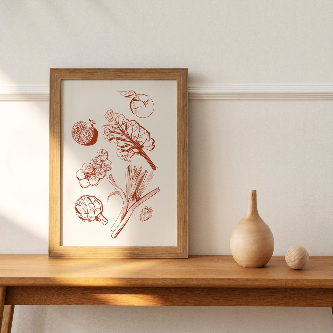 Produce Illustration, Home Kitchen Decor, Gallery Wall Art, Fruits and ...