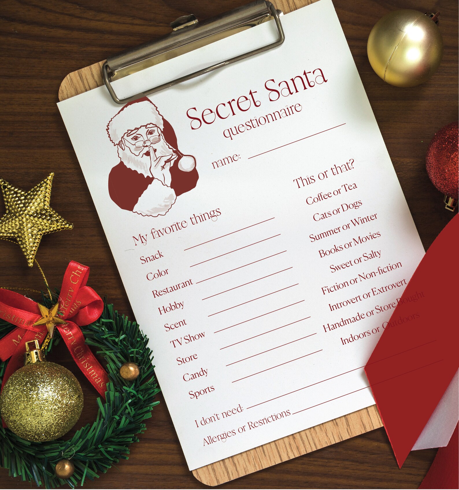 Printable Secret Santa Questionnaire, Holiday Gift Exchange (PDF) - Etsy