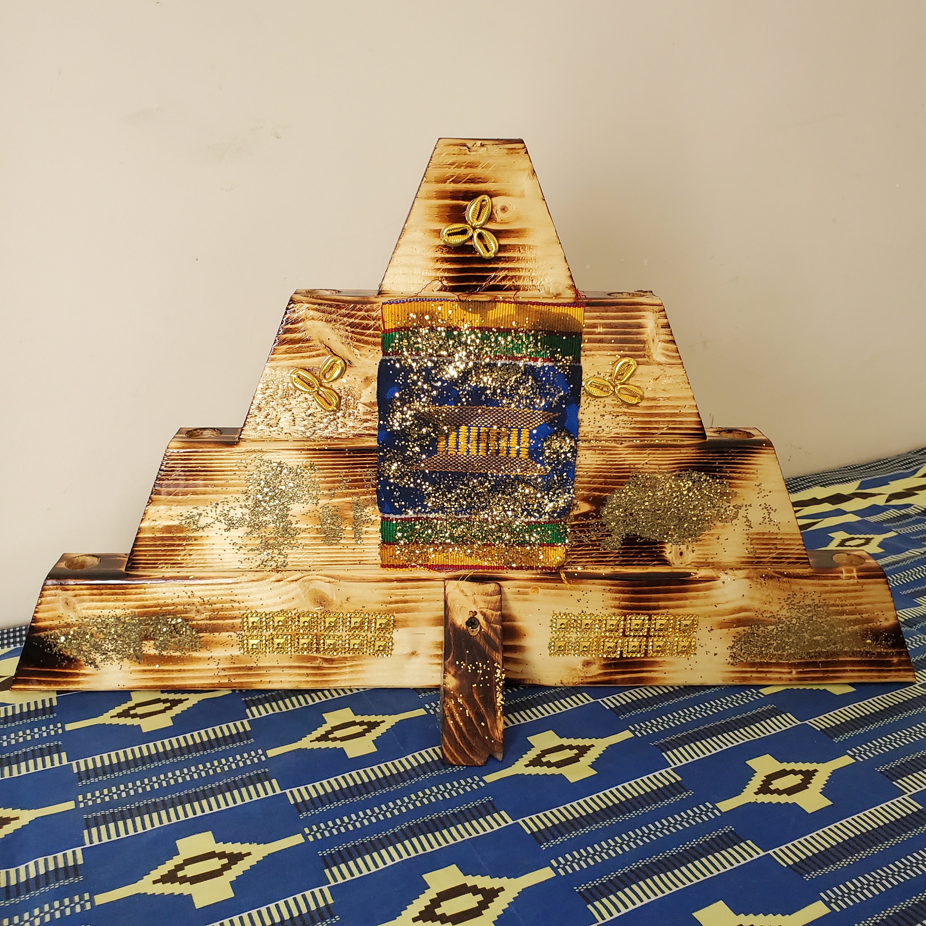 Kwanzaa Kinara With Metallic Gold Cowry Shells Kinte Cloth and Gold ...