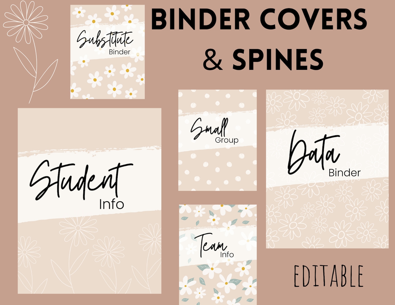 EDITABLE Neutral Floral Binder Covers & Spines Printable Binder Covers ...