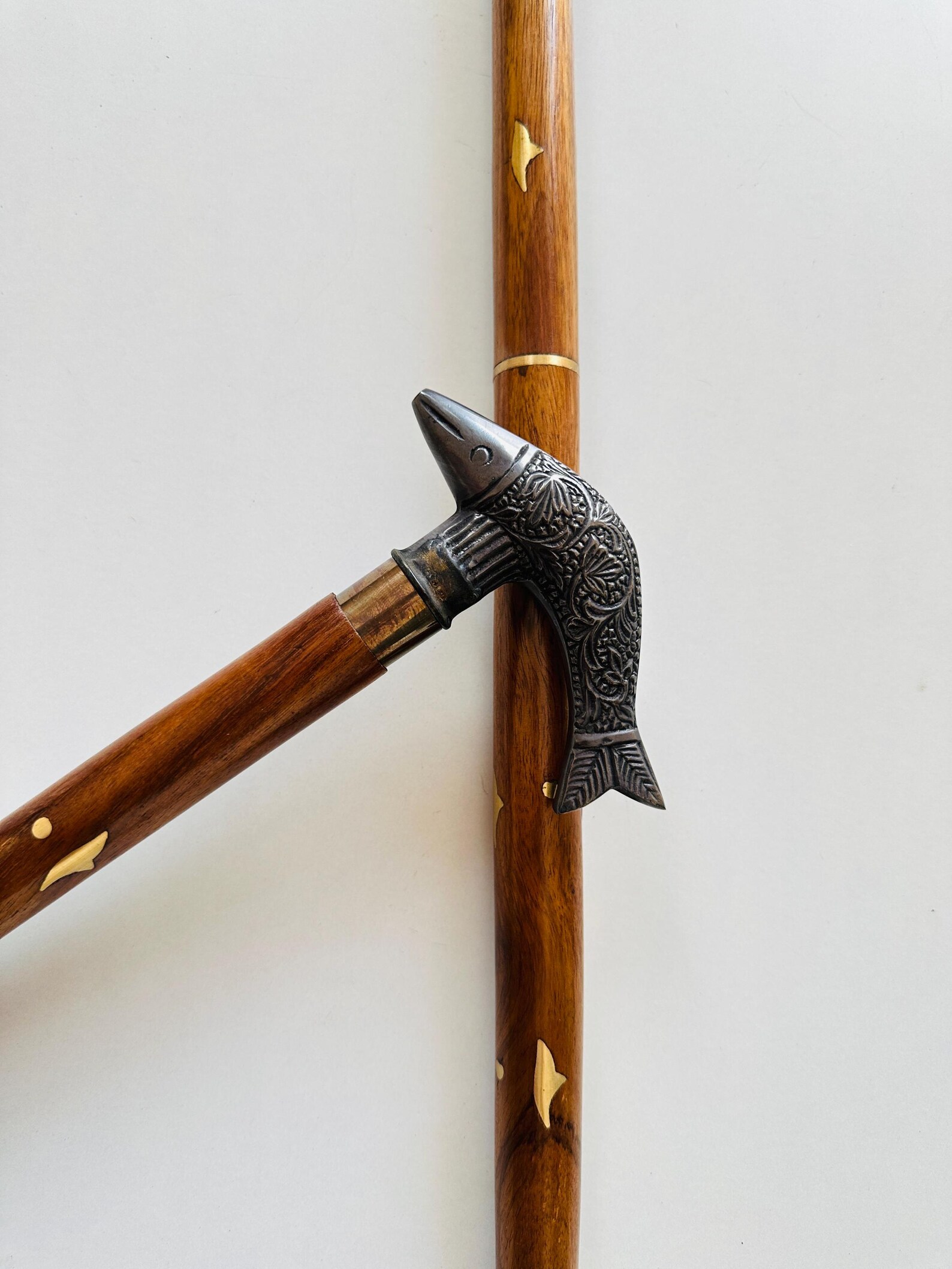 Black Antique Walking Stick With Brass Fish Handle - Etsy